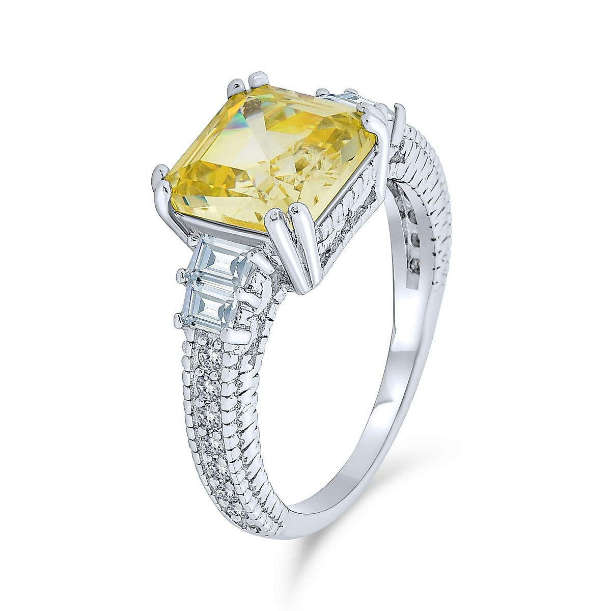 Elegant Timeless Art Deco Style 2CT Canary Yellow AAA CZ Square Asscher Cut Engagement Ring For Women Baguettes Side Stone Band .925 Sterling Silver