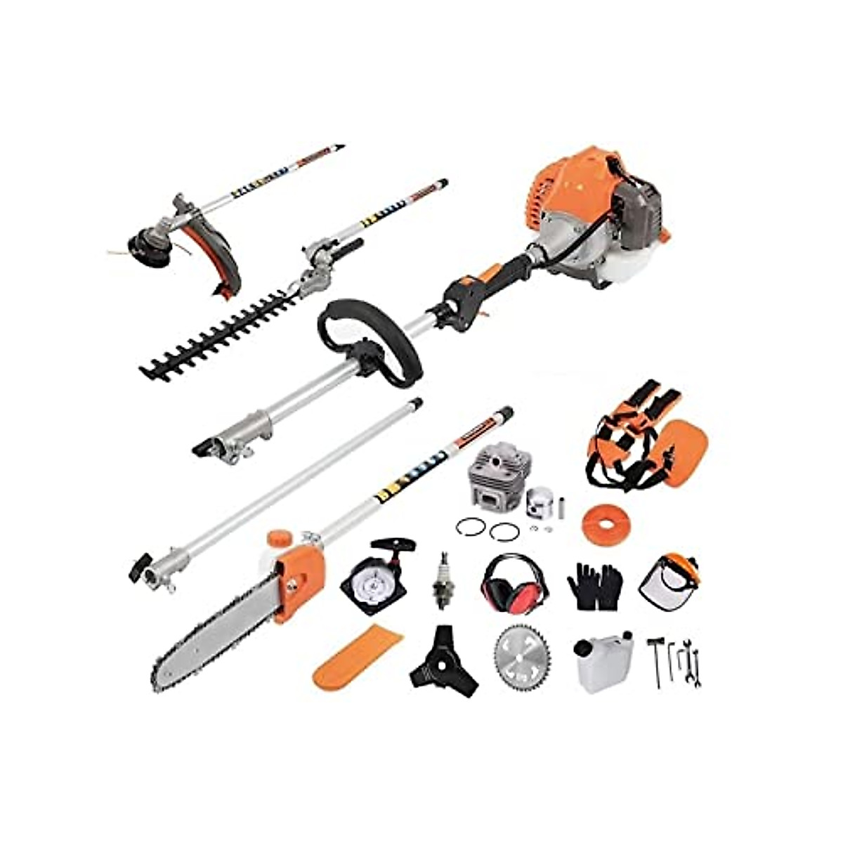 63cc 5 in 1 High Strength Long Handle Multi-positional Chain Trimmer Head Chainsaw | Brush Cutter | Hedge Trimmer| 6t Blade | 5-point Blade Repair Kit Use For Garden Indoor & Outdoor