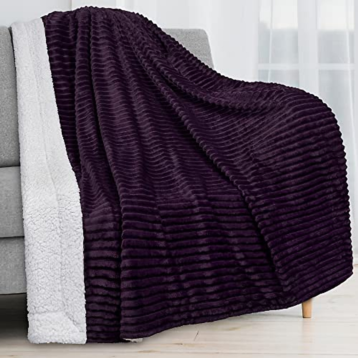 PAVILIA Sherpa Fleece Blanket Throw | Stripe, Super Soft, Plush, Luxury Flannel Throw | Thick Fluffy Ribbed Microfiber Blanket for Sofa Couch Bed (Purple, 50x60 inches)