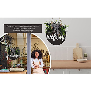 Welcome Sign Welcome Front Door Round Wood Sign Hanging Welcome Sign for Farmhouse porch Spring Welcome Sign Front Door Decoration （Blackboard welcome） (Black Hello, Black 12 inches)