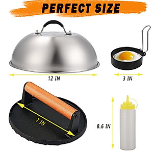 Griddle Accessories Kit for Blackstone, Cast Iron Grill Press, 12-Inch Round Melting Dome(304 Stainless Steel), Squeeze Bottles with Egg Rings, Perfect for Flat Top Grill Indoor Outdoor
