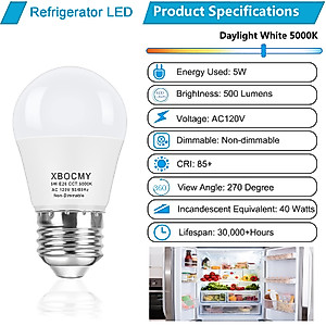 XBOCMY A15 LED Light Bulbs, 40 Watt Equivalent LED Refrigerator Light Bulb, 5W Daylight 5000K, 500 Lumens, Medium Base (E26), Non-Dimmable, A15 Appliance Bulb, 2-Pack