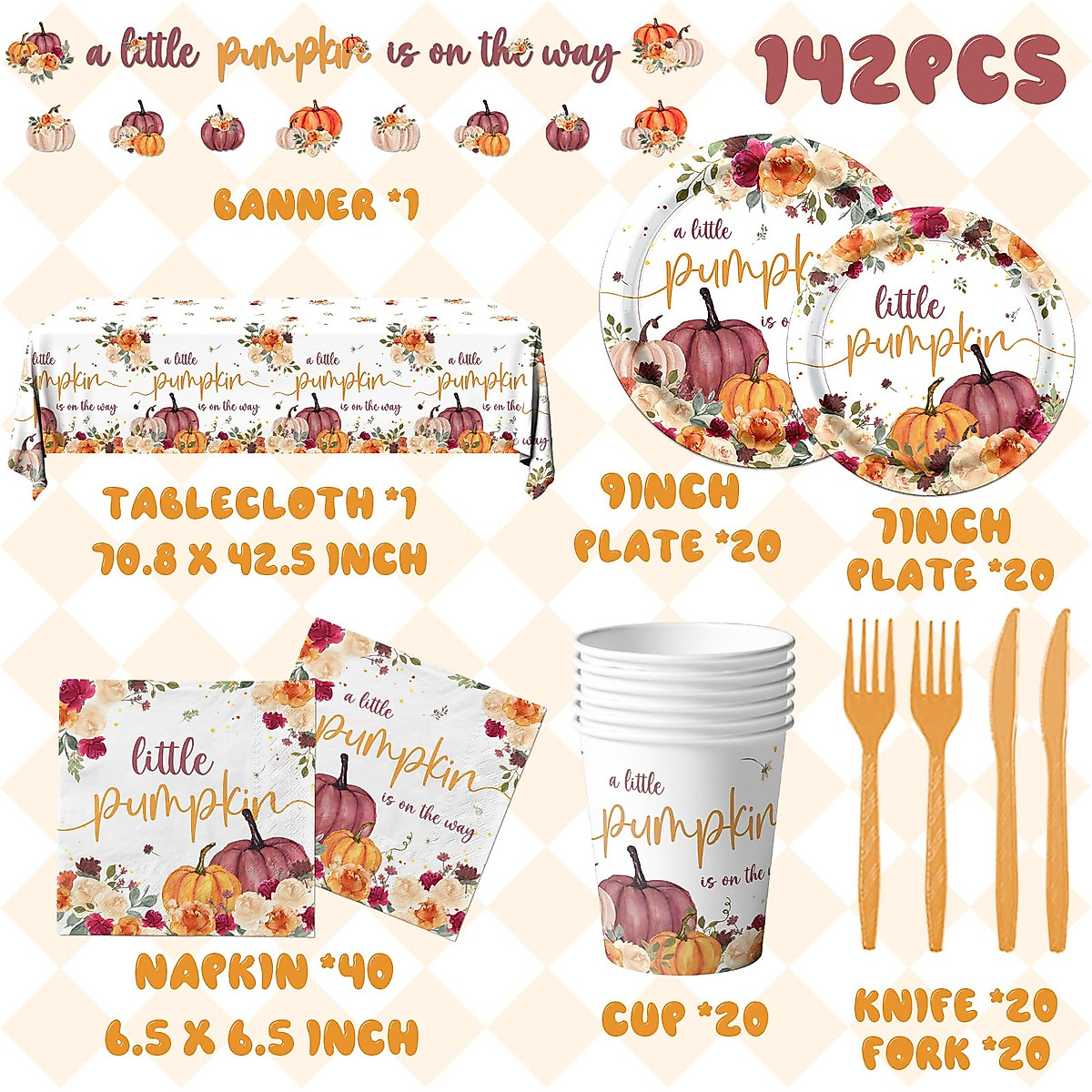 142Pcs Little Pumpkin Baby Shower Decorations-Fall A Little Pumpkin is on the Way Plates and Napkins Set Floral Autumn Thanksgiving Tableware Party Supplies