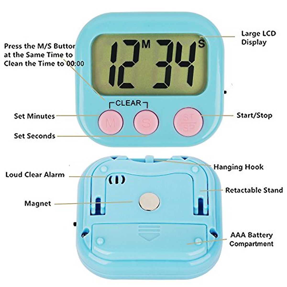 6 Pack Digital Timer for Teacher Small Timers for Kids Magnetic Back Big LCD Display Loud Alarm Minute Second Count Up Countdown with ON/Off Switch for Classroom, Homework, Exercise(3 Blue & 3 White)
