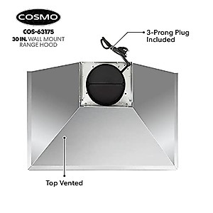 COSMO 63175 30 in. Wall Mount Range Hood with 380 CFM, Ducted, 3-Speed Fan, Permanent Filters, LED Lights, Chimney Style Over Stove Vent in Stainless Steel