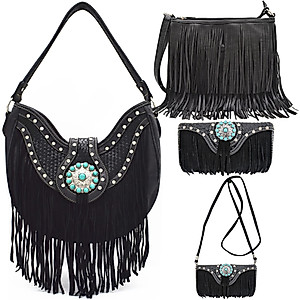 Western Style Fringe Leather Concealed Carry Purse Country Handbag Women Shoulder Bag Crossbody Wallet Set Black