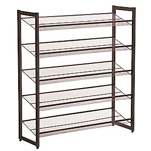 SONGMICS Shoe Rack, 5-Tier Stackable Shoe Storage Shelf, Metal Mesh, Flat or Angled Shoe Organizer Rack for 20 to 25 Pairs of Shoes, Short Boots, High Heels, Bronze