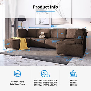 PUREMIND Modular Sectional Sofa with Chaise, Convertible Oversize L Shaped Couch with Reversible Ottoman, Linen 6 Seater Free Combination U Shaped Sleeper Sofa for Living Room, Brown