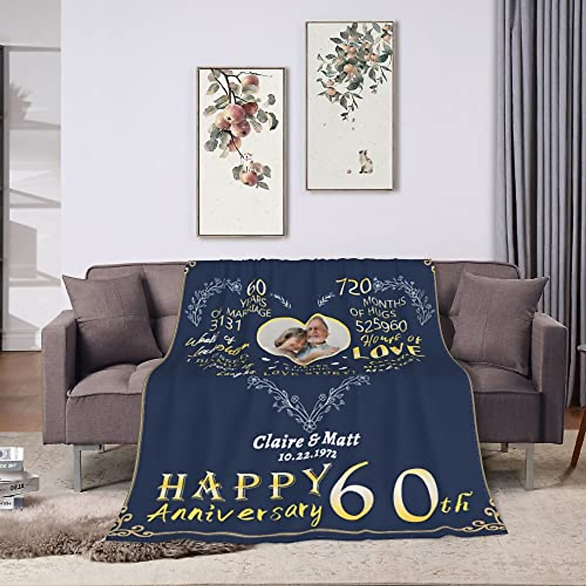 Custom Anniversary Blanket with Name Picture & Date, Personalized Gifts for 40th 50th 60th Wedding Anniversary, Custom Blanket for Couple, Golden 50 Years of Marriage Gifts for Dad, Mom, Grandparent