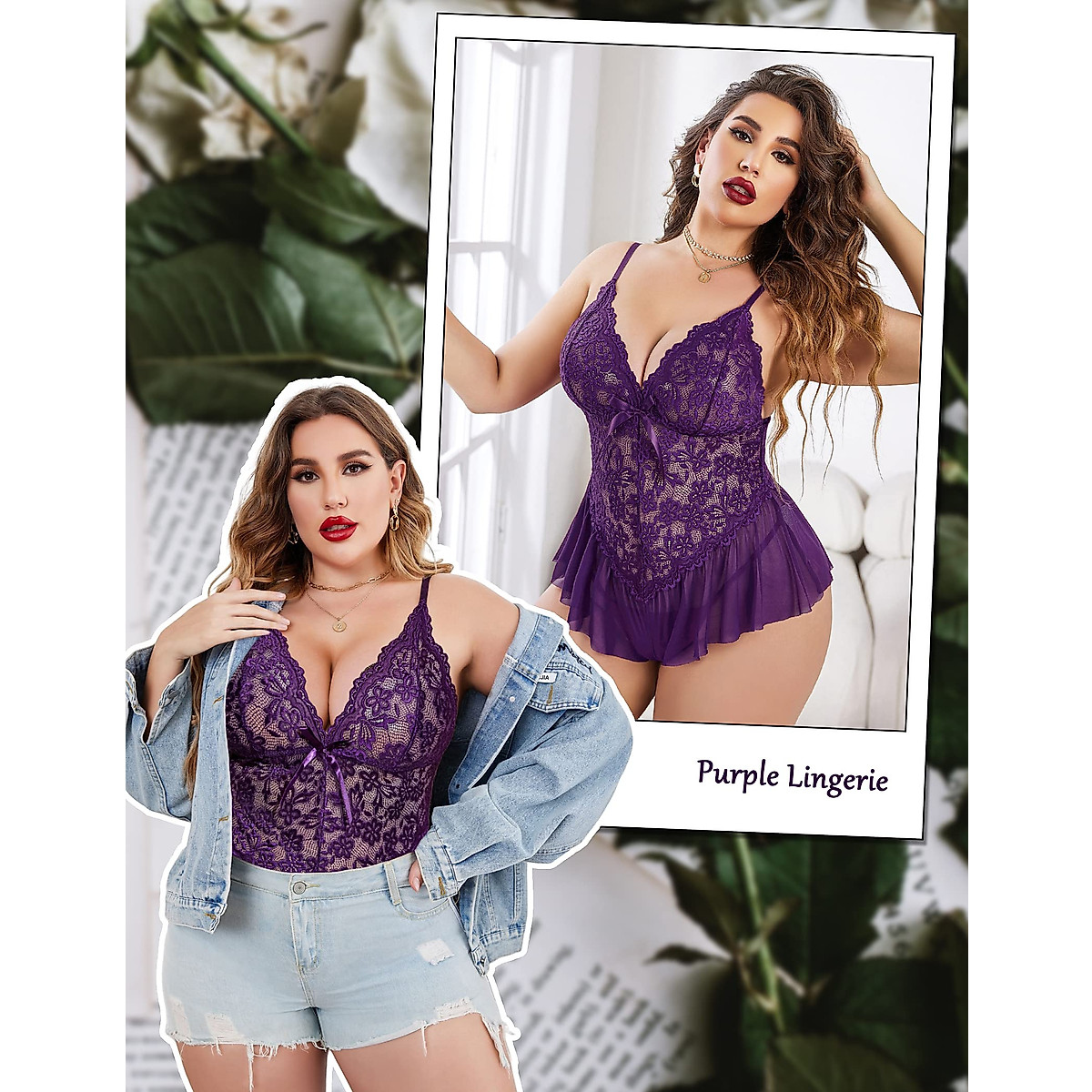 Avidlove Women's Lingerie Sexy Lace Bodysuit One Piece Teddy Purple Plus Size Lingerie Bodysuit for Pregnant Boudoir Shoot