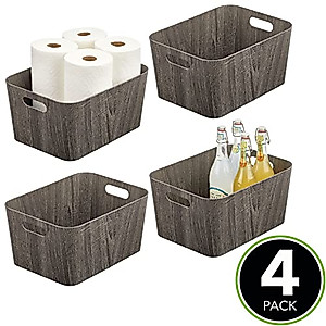 mDesign Wood Print Food Bin Box with Handles - Rustic Basket for Kitchen and Pantry Vegetable and Potato Storage - Perfect for Garlic, Onions, Fruit, and More - 16" Long - 4 Pack - Black