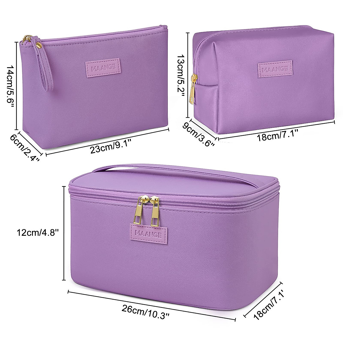 MAANGE Travel Makeup Bag - Large Makeup Bag with 2pcs Small Makeup Bag Portable Leather Cosmetic Bag Toiletry Bag Make Up Bags for Women and Girls (Purple)