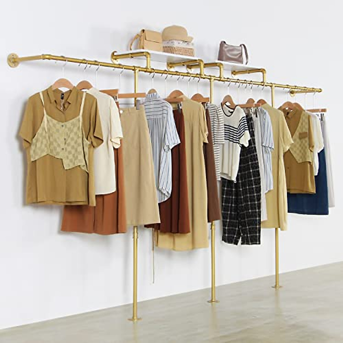 WJJAYY Wall Mounted Gold pipe clothing rack with 3 T-Bar Design and Nano Gold Finish with 2 Wooden Shelves Heavy Duty Wall Mounted Gold Iron Garment Bar for Retail Display and Closet Storage