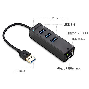 Cable Matters 4-in-1 USB Hub with Ethernet, Support Gigabit Ethernet (USB 3.0 Hub Ethernet, USB to Ethernet Adapter, Gigabit Ethernet USB Hub, USB Ethernet Hub) with 10/100/1000Mbps Network in Black