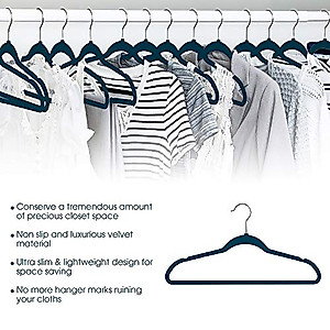 Elama 100 Piece Set of Velvet Slim Profile Heavy Duty Felt Hangers with Stainless Steel Swivel Hooks in Blue