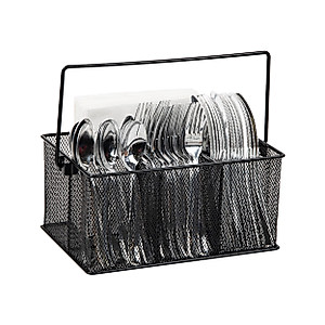 Mind Reader Storage Basket Organizer, Utensil Holder, Forks, Spoons, Knives, Napkins, Perfect for Desk Supplies, Pencil, Pens, Staples, Black, 4 Compartments