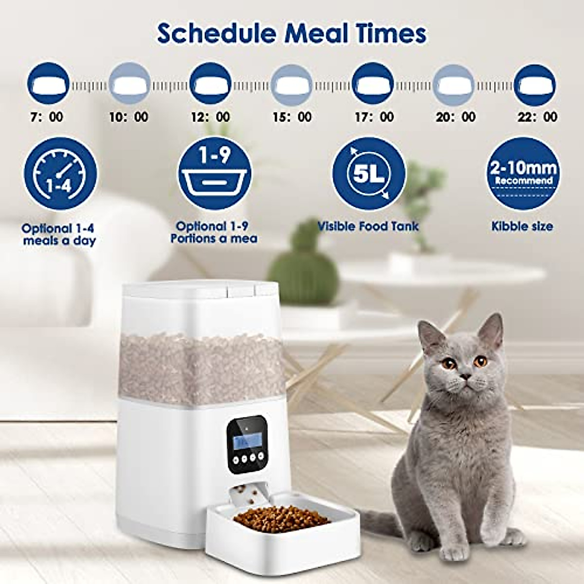 5L Automatic Cat Feeders, Farexon Auto Pet Feeder Dry Food Dispenser, Timed Cat Feeder with Dual Power Supply, Portion Control 1-4 Meals Daily, 10s Voice Recorder for Small & Medium Cats Dogs