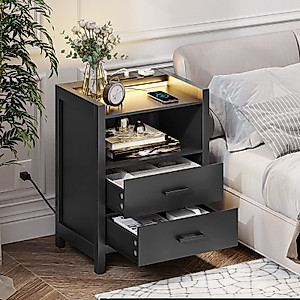 EPHEX LED Nightstands Set of 2, Black Night Stand with Charging Station and 2 Drawers, Wood End Side Table with USB Ports, Bedside Table for Bedroom