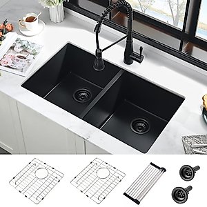 32 Inch Black Kitchen Sink Undermount-iAnomla 32x18 Inch Double Bowl Kitchen Sink 50/50 Black Quartz Composite Undermount Kitchen Sink