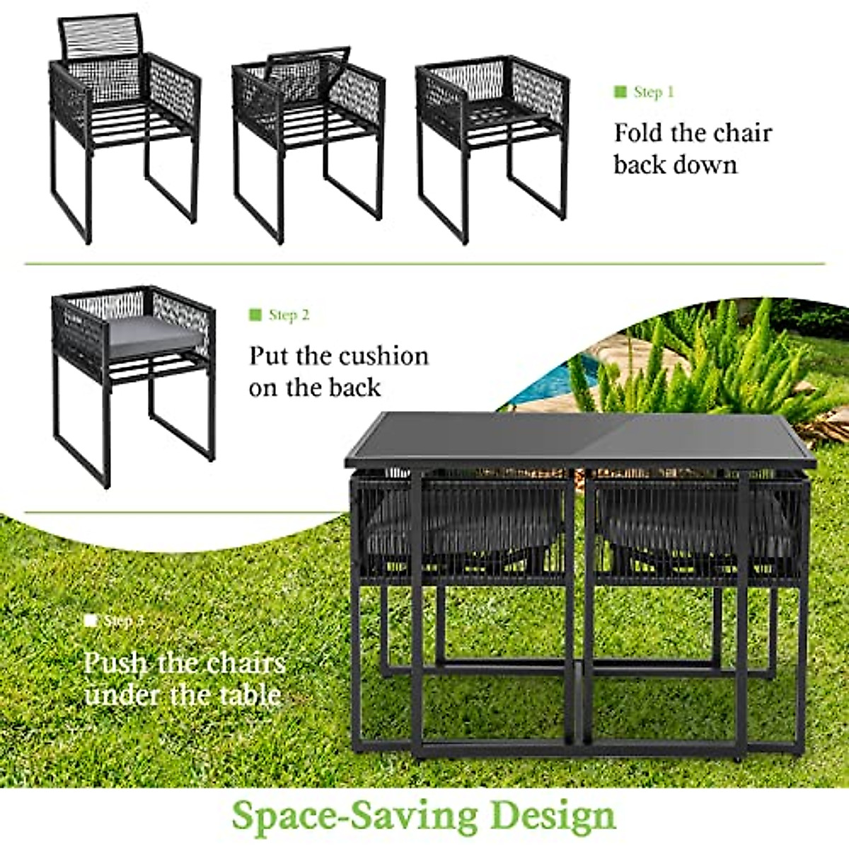Tangkula 3 Pieces Outdoor Dining Set, Patio PE Rattan Furniture Set with Folding Backrest, Cozy Seat Cushions, Tempered Glass Tabletop, Space-Saving Rattan Chair Table Set for Backyard, Poolside