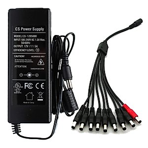 ANVISION AC to DC 12V 5A Power Supply Adapter with 9 Way Splitter Cable, Plug 5.5 x 2.1mm for Led Light Strips, NVR DVR Security Camera, Efficiency Level VI