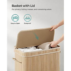 SONGMICS Laundry Hamper with Lid, Bamboo Laundry Basket, Removable Machine Washable Laundry Basket, with Handles, 26.4-Gallons, for Laundry Room, Bedroom, Bathroom, Natural Beige ULCB063N01