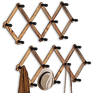 WGFKVAS 2 Pack Expandable Coat Rack, Accordion Wall Hangers, Wooden Hat Rack Wall Mounted, Hat Hooks for Keys, Hat, Coffee Mug, Coats, 10 Peg Hooks