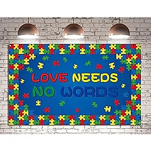 Love Needs No Words Backdrop Banner Autism Awareness Puzzle Piece April Photography Background Wall Hanging Decoration