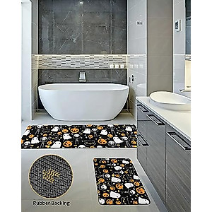 Black Halloween Bath Mat for Tub,Non Slip Bathroom Floor Runner Rug Quick Dry & Absorbent Diatomaceous Earth Shower Sink Kitchen Washable Doormat,Spooky Pumpkin Ghost Skull Cat Horror 18x30+18x48