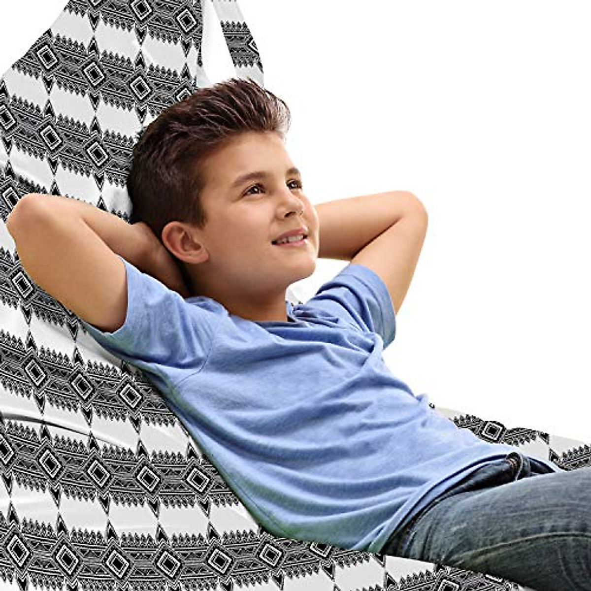 Lunarable Aztec Lounger Chair Bag, Retro Style Ornate Mexican Art Elements Symmetrical Pattern Hand Drawn Print, High Capacity Storage with Handle Container, Lounger Size, Black White