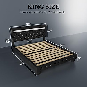 Forrise King Size LED Platform Bed Frame with Adjustable Headboard, Modern Bed Frame with Charging Station, Wooden Slats Support, Easy Assembly, No Box Spring Needed, Black