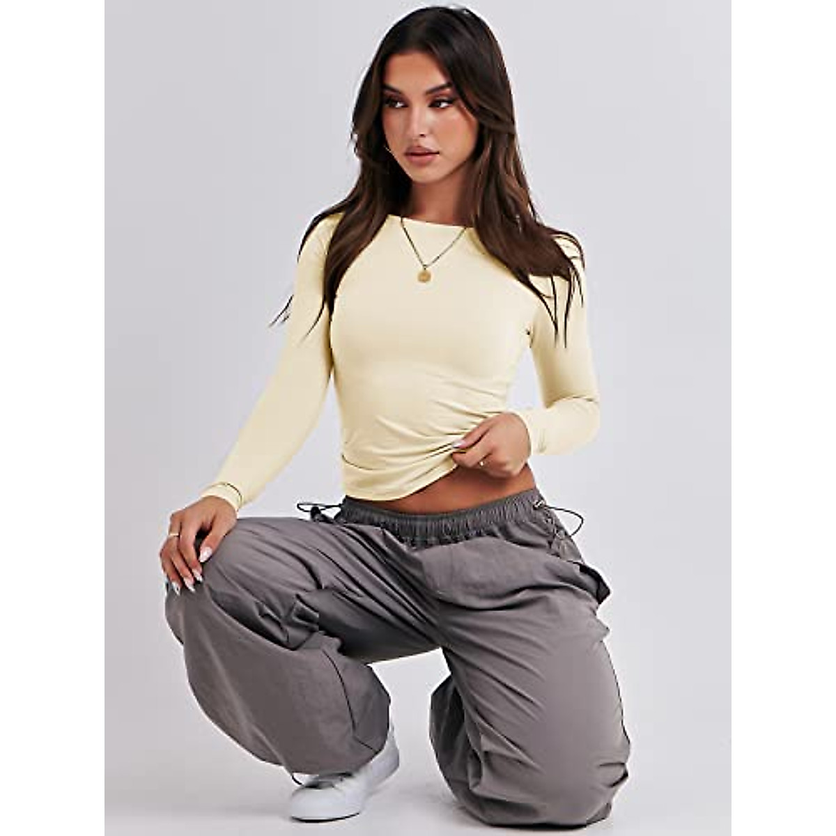 ANRABESS Women Long Sleeve Slim Fit Crop Top Going Out Tight Y2K Tshirt Trendy Basics Tees Streetwear Workout Athletic 2023 Fashion Clothes 1029xingse-S Apricot