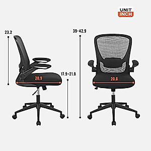 BestOffice Ergonomic Desk Mesh Computer Swivel Rolling Mid Back Task Lumbar Support Flip-up Arms Massage Adjustable Chair for Women Adults, Black
