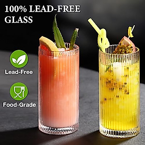 Mfacoy Glass Cups Vintage Glassware Set of 4 Large, Origami Style Transparent Cocktail Drinking Glasses Set, Bar Beverages Ice Coffee Cup Juice Ripple Drinkware, 13 Ounce