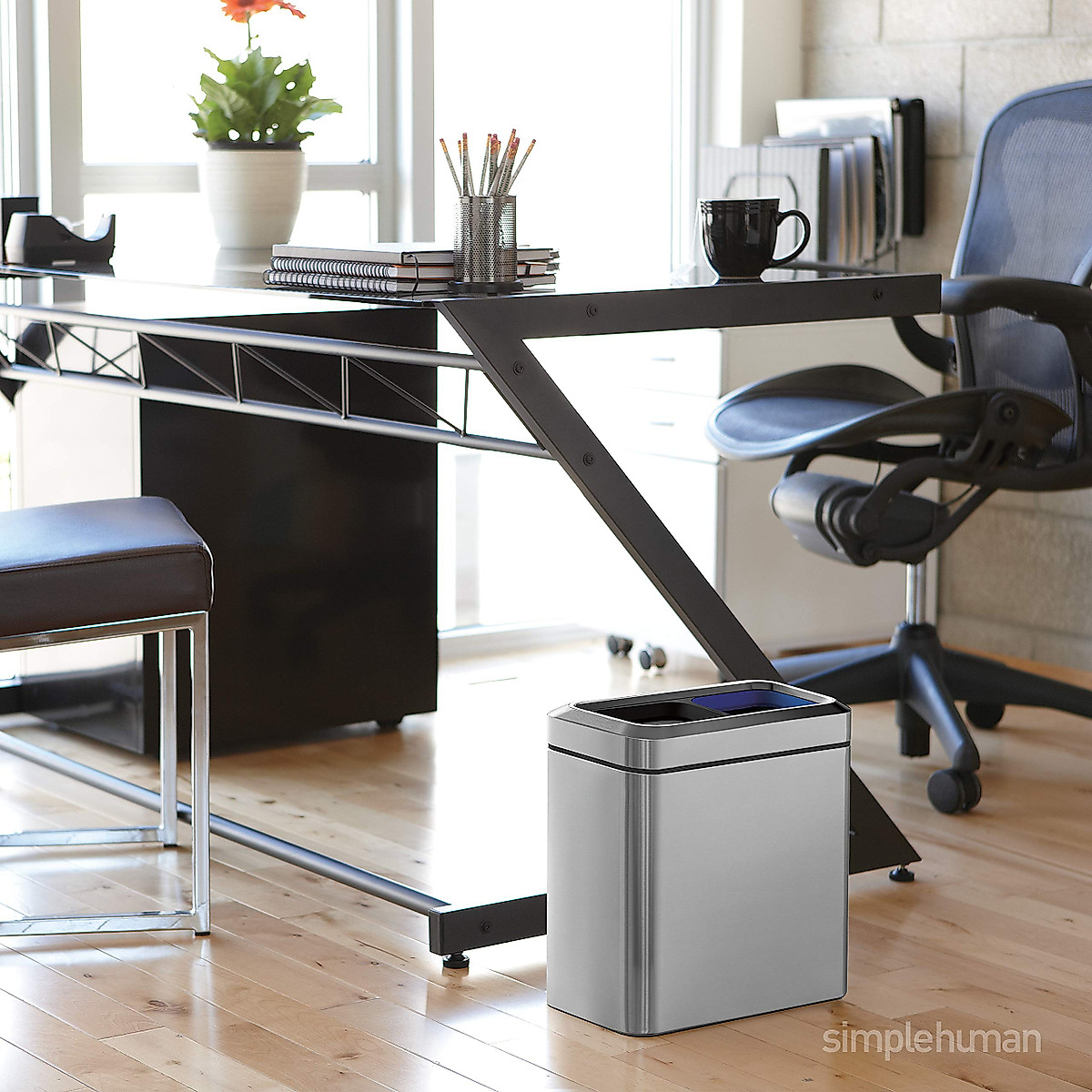 simplehuman 20 Liter / 5.3 Gallon Dual Compartment Slim Open Top Recycling Trash Can, Commercial Grade Heavy Gauge White Stainless Steel