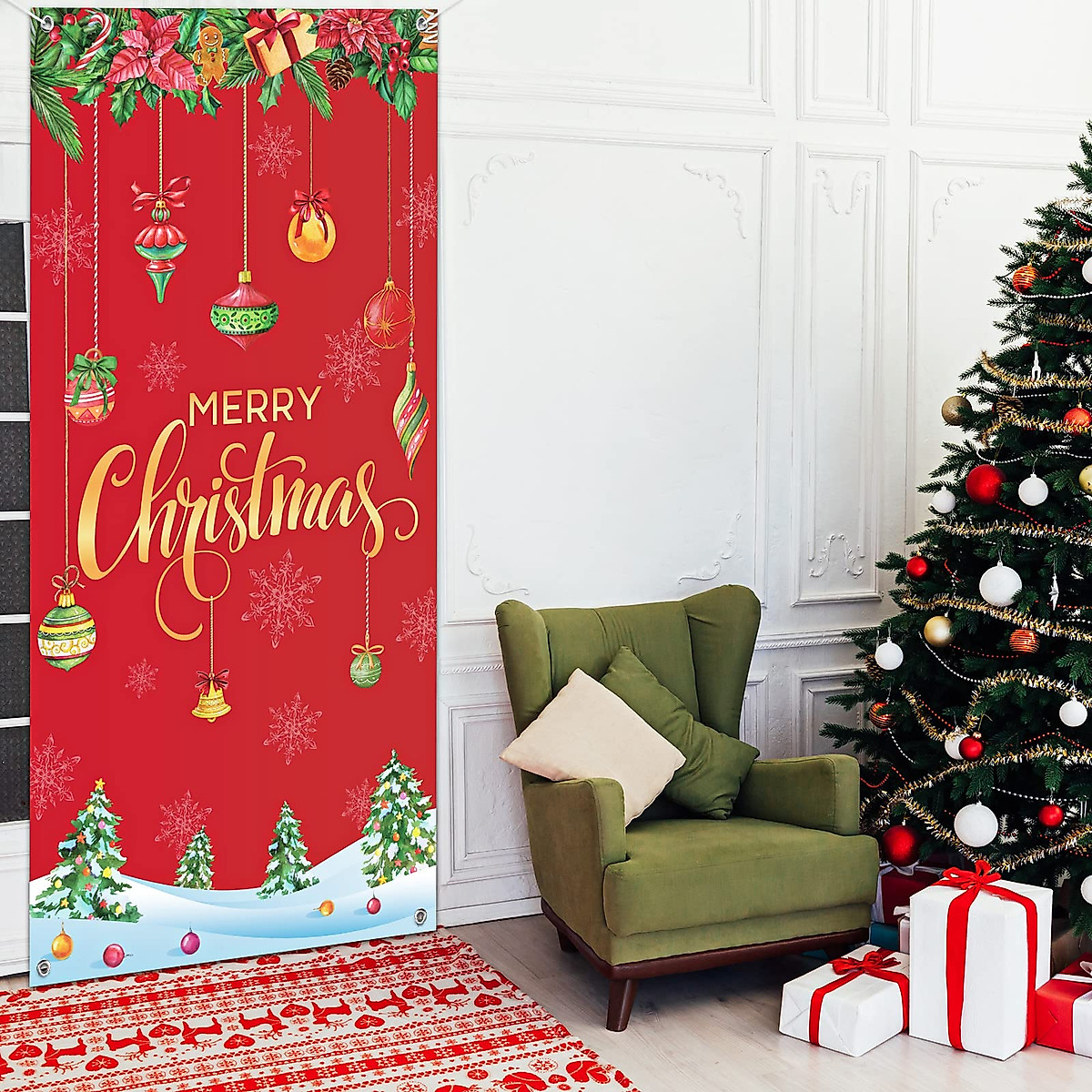 Merry Christmas Door Cover 35 x 71 Inch Christmas Ball Door Cover Backdrops Xmas Tree Door Cover Banner Christmas Balls Background Xmas snowflake Front Door Christmas Hanging Decorations (Red)