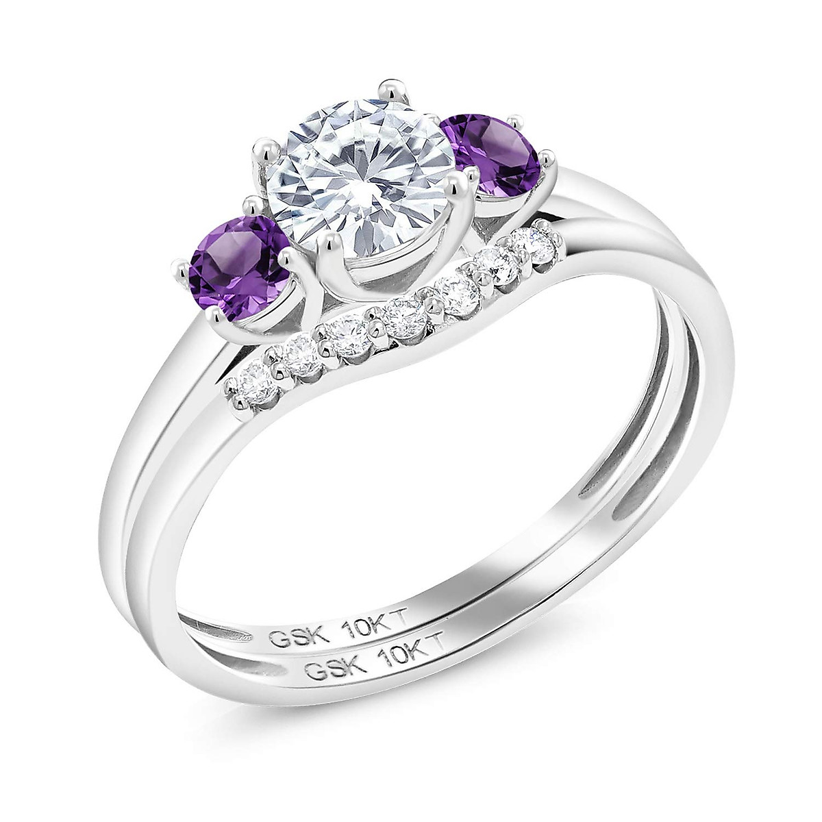 10K White Gold Moissanite From Charles & Colvard Amethyst and Lab Grown Diamond 3-Stone Bridal Engagement Wedding Ring Set For Women | 0.77 Cttw | Available in Size 5-9