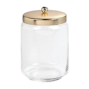 InterDesign Forma Bathroom Vanity Glass Apothecary Jar for Cotton Balls, Swabs, Cosmetics - Clear/Brass