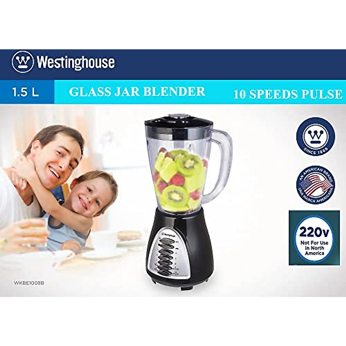 Westinghouse 220 Volts Blender WKBE1008BA -1.5L -10 Speed - Pulse Rotation - Stainless Steel Blade With Glass Jar 220-240 Volts (Not For USE IN USA)