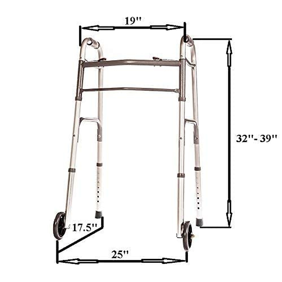 Front Wheeled Walker Folding Deluxe with 2 Button and 5" Wheels, Adjustable Height (Short, Standard, Tall People) by Healthline Trading