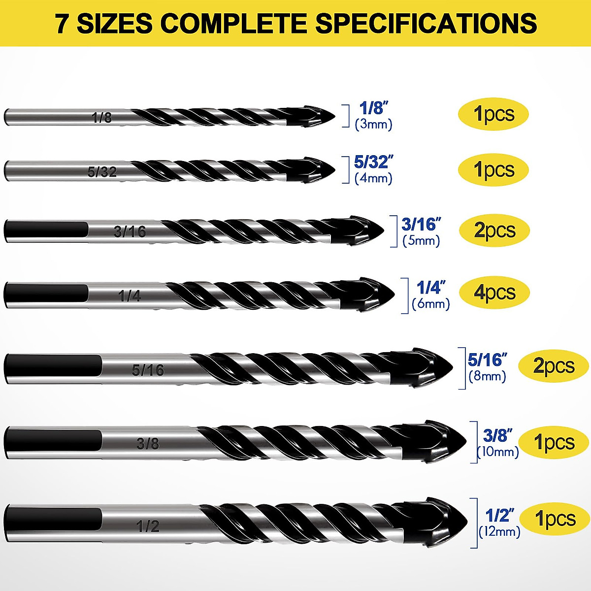 12-PCS Masonry Drill Bit Set & Concrete Drill Bit Set, 1/8 to 1/2 inch Professional Carbide Drill Bits Tip for Glass, Tile, Brick, Cement Concrete Plastic Wood etc. Masonry Drill Bits Set by DYRECELVE