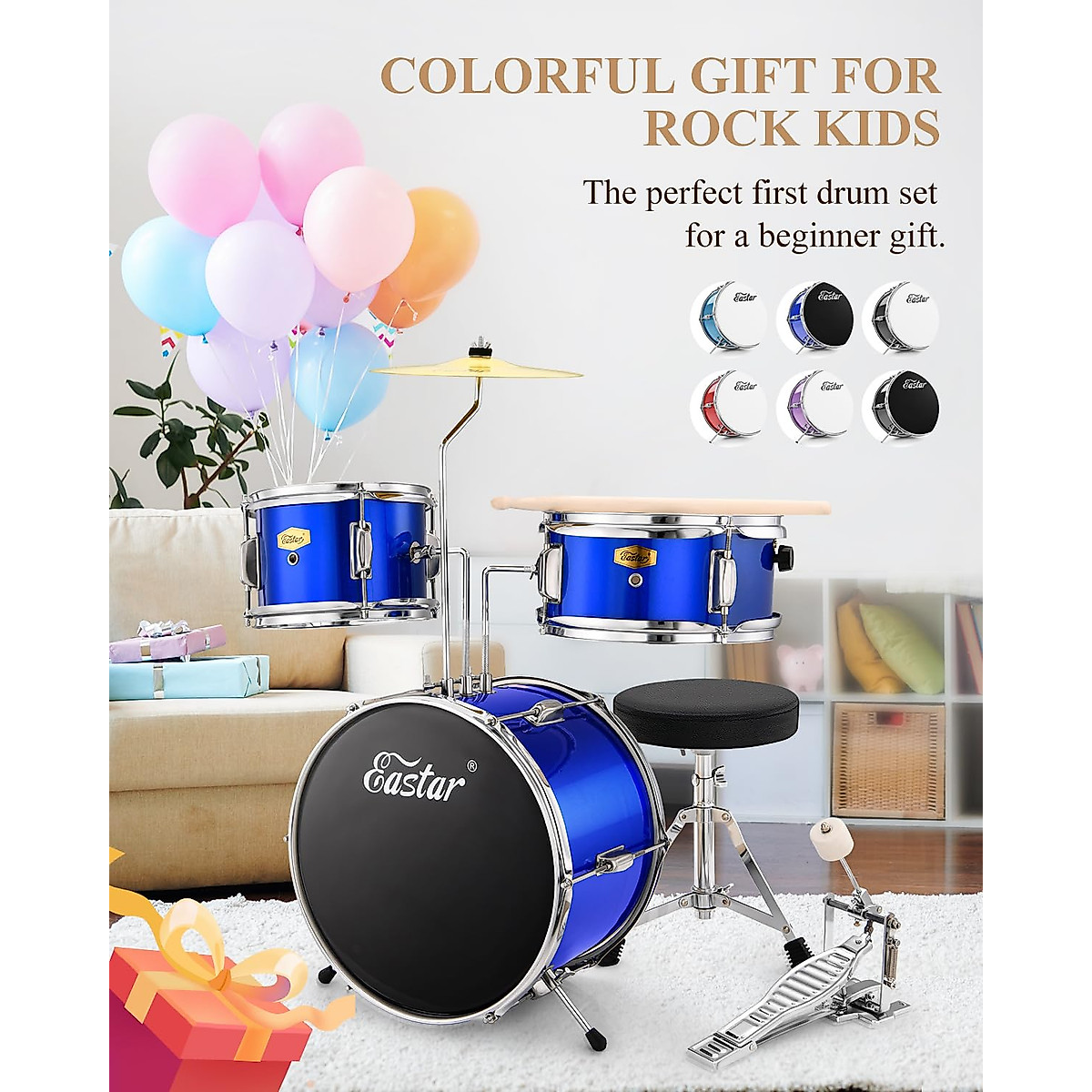 Drum Set Eastar 14 '' Drum Kit for Kids Beginners, 3-Piece with Adjustable Throne, Cymbal, Pedal & 2 Pairs of Drumsticks, Junior Drum Set with Bass Tom Snare Drum, Mirror Blue
