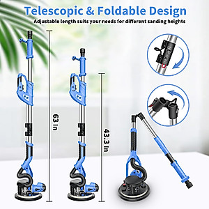 Drywall Sander with Vacuum Dust Collection, AZZUNO 7 Variable Speed 8.5A 750W Sander Tool, LED Light, Extendable Handle, 12pcs Sanding Discs