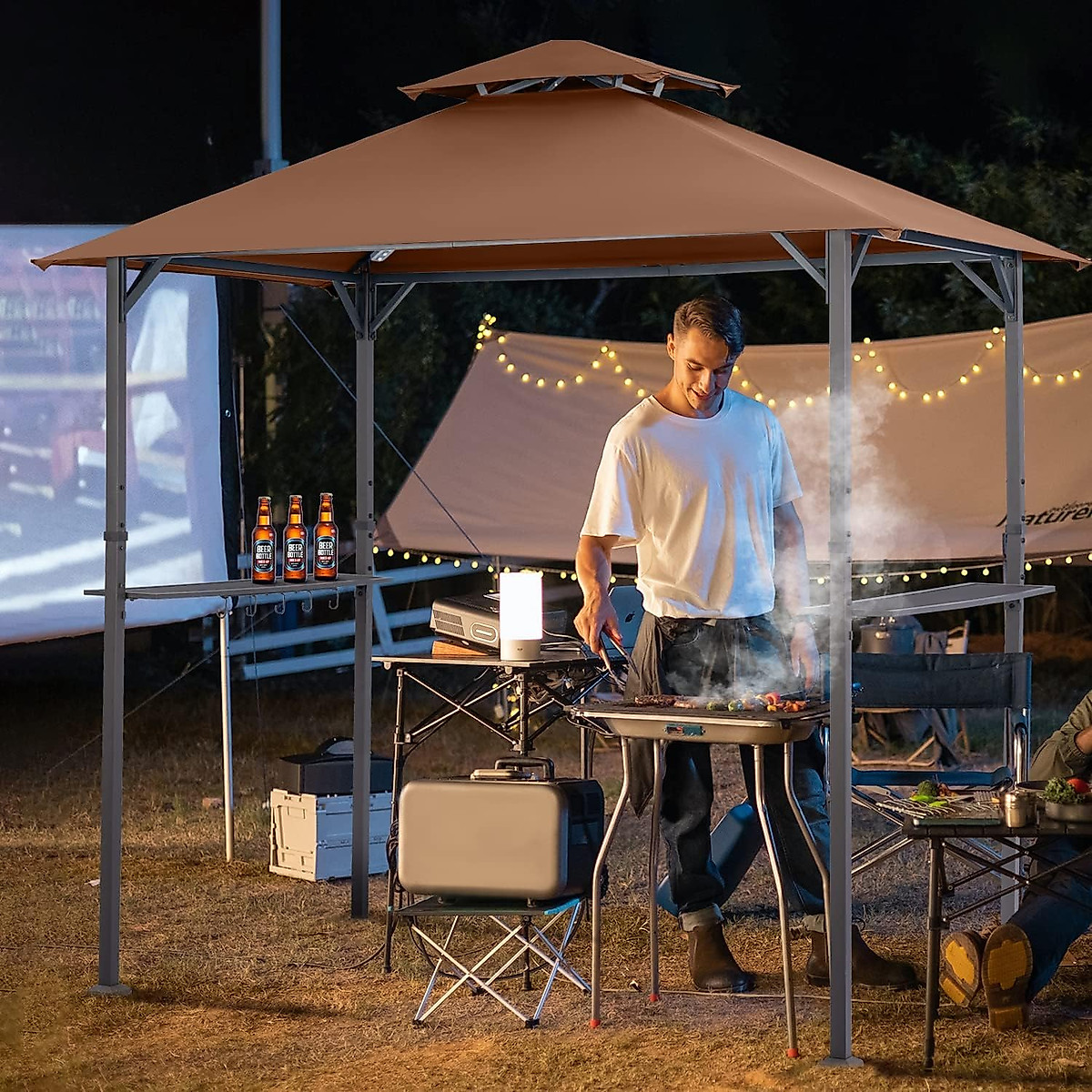 Grill Gazebo Replacement Canopy Roof, 5'x8' Outdoor BBQ Top, Double Tiered Shelter Cover Fit for Model L-GG001PST, L-GZ238PST (Brown)