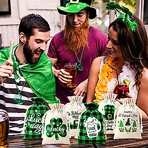24 Pcs St Patrick's Day Gift Bag with Drawstring Shamrock Cotton Treat Bags Candy Pouch Sacks Irish Party Favor Bag Green Plaid Pouch Bag for Saint Patrick's Day Irish Party Supplies (5 x 7 Inch)