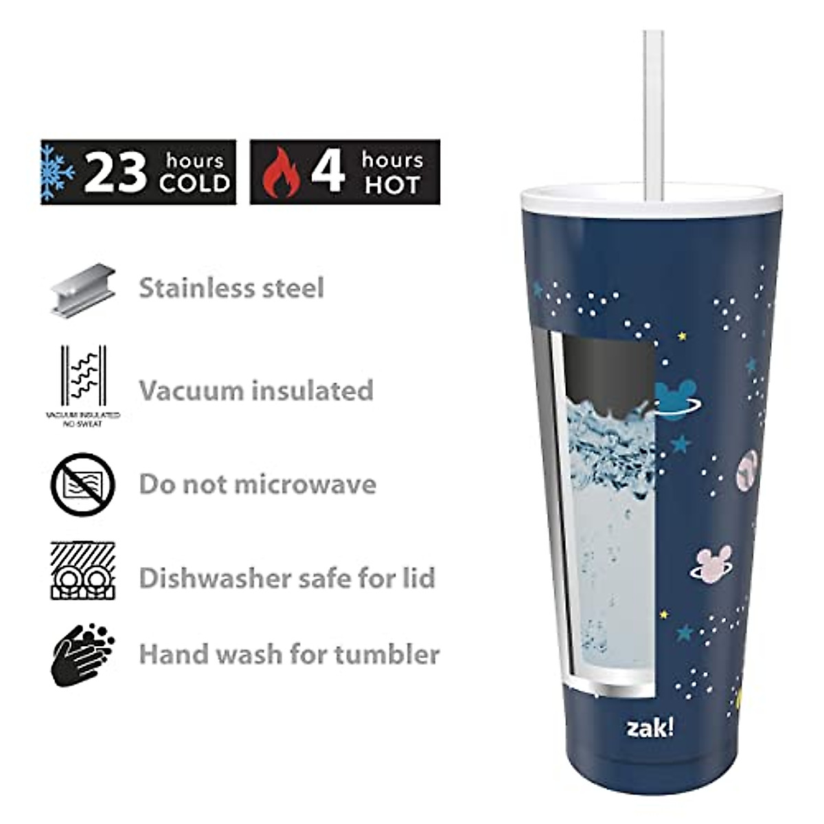 Zak Designs Disney Mickey Mouse Vacuum Insulated Stainless Steel Travel Tumbler with Splash-Proof Lid, Includes Reusable Plastic Straw and Fits in Car Cup Holders (18/8 SS, 25 oz, Space)
