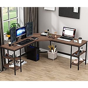 Yongchuang L Shaped Desk with Storage, Large Home Office L-Shaped Computer Desk with Shelves Reversible Corner Desk 69" Writing Table Workstation Industrial Study Desk Brown Wood Top
