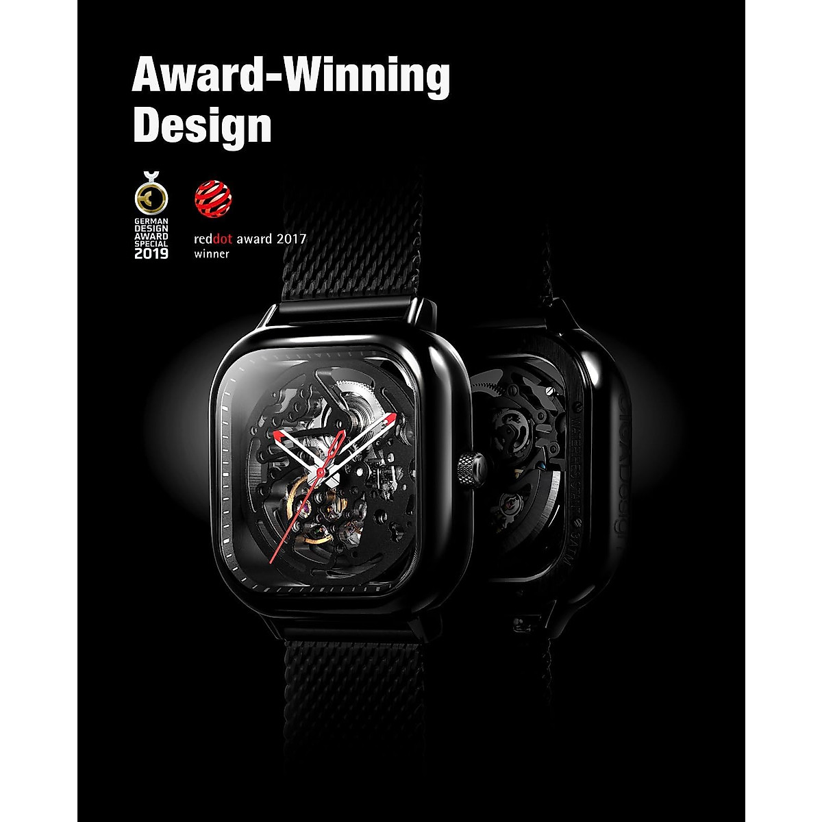 CIGA Design Men's Automatic Watch, C Series Full Hollow Skeleton Mechanical Analog Wristwatch with Milanese and Leather Strap Sapphire Crystal Mirror (Black)