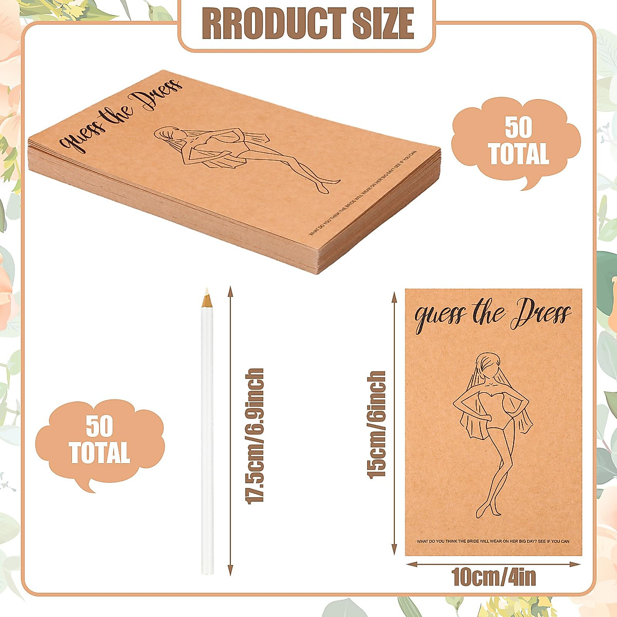 Tenceur 50 Sets Guess the Dress Bridal Shower Games Include 50 Guess the Dress Card Bridal Shower Game Wedding Shower Games and 50 White Sketching Pencils for Bridal Shower Wedding Party Favors