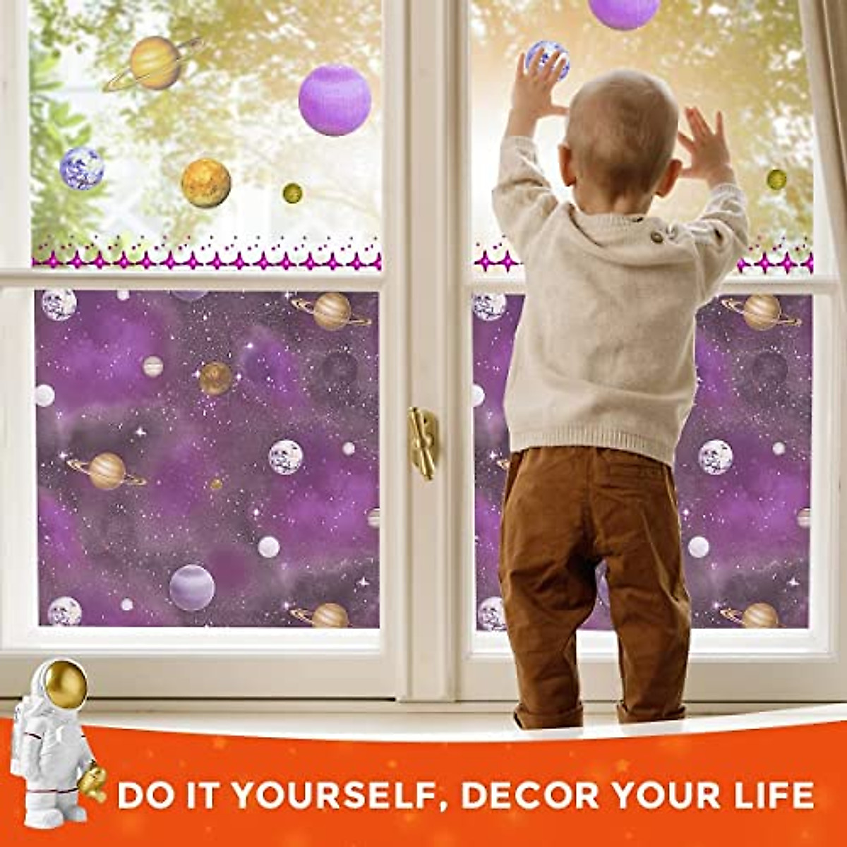 Viseeko Window Privacy Film: Frosted Window Clings Space Planet Pattern Window Decals Static Cling Window Sticker Non-Adhesive for Kids Room Home Office(Purple, 17.5x78.7Inches)